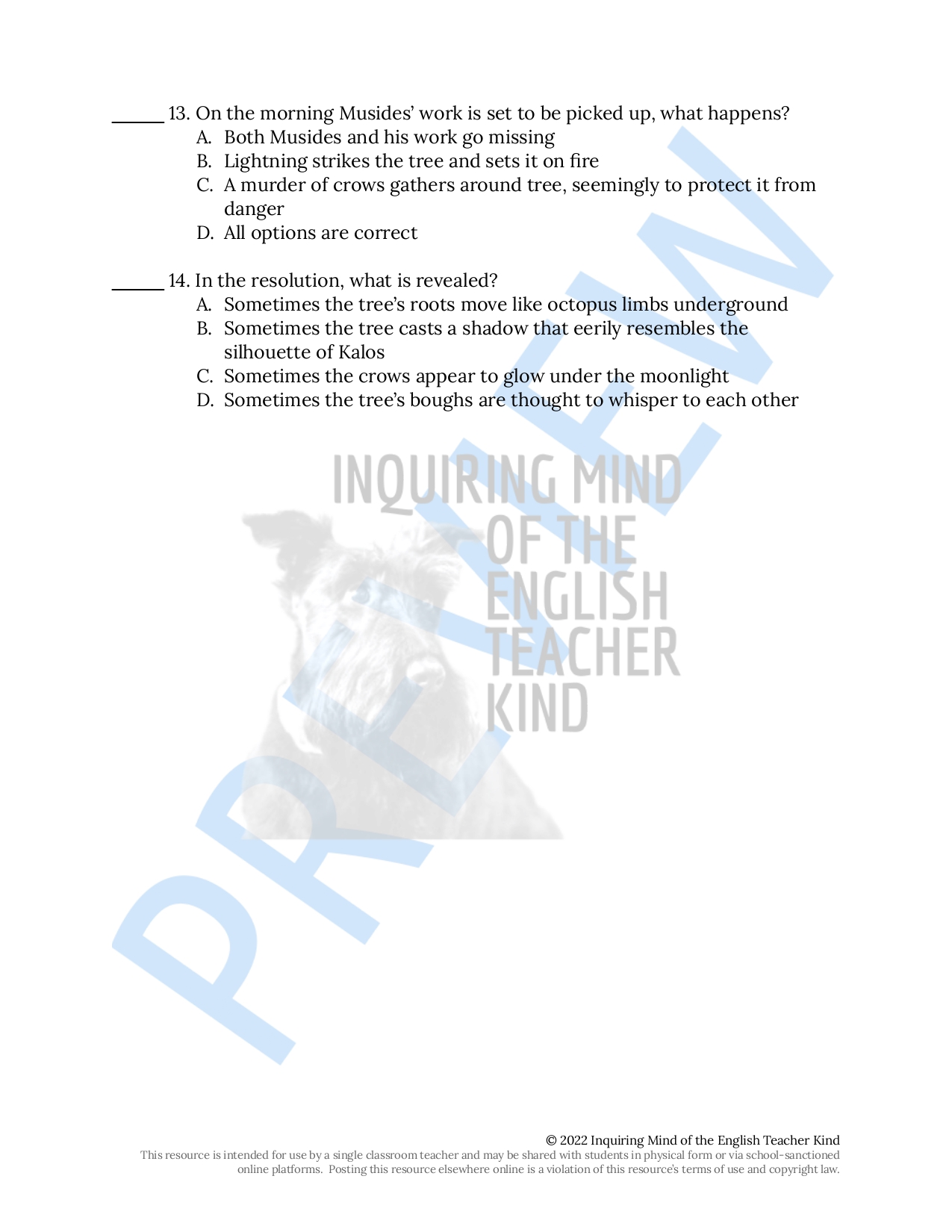 "The Tree" by H.P. Lovecraft Quiz and Answer Key | Made By Teachers