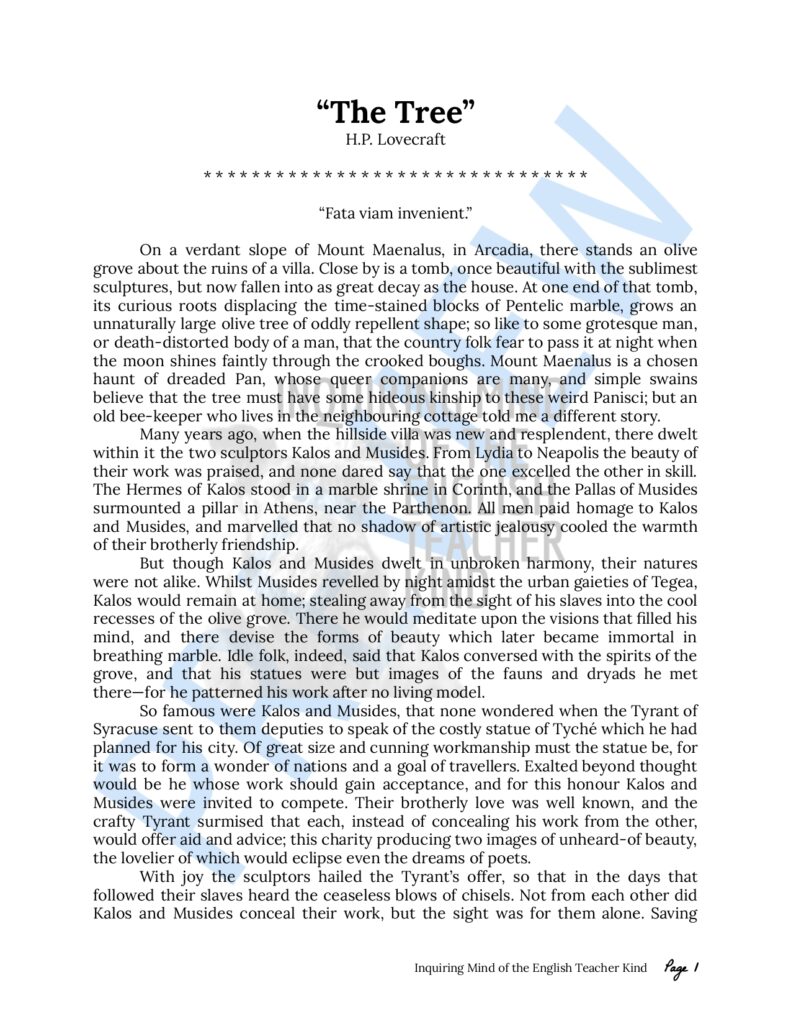 "The Tree" by H.P. Lovecraft Quiz and Answer Key - Made By Teachers