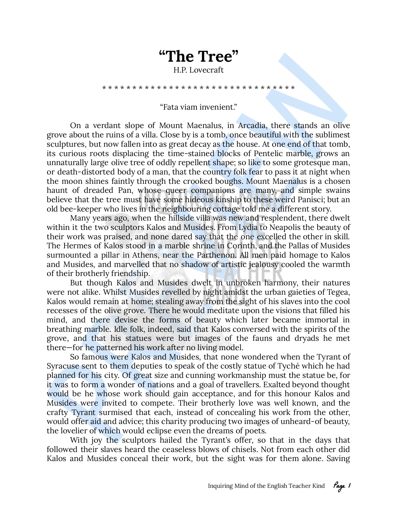 "The Tree" by H.P. Lovecraft Quiz and Answer Key | Made By Teachers