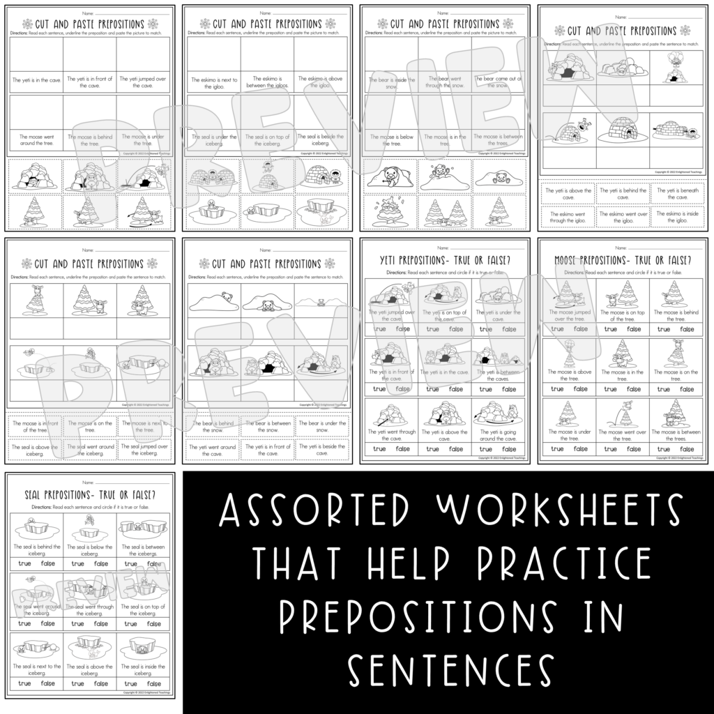 Winter Preposition Sentences Worksheets Cut Glue Paste Preposition ...