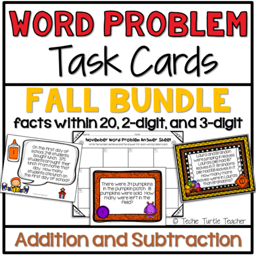 Addition & Subtraction Bundle of Fall Word Problem Task Cards | Made By ...