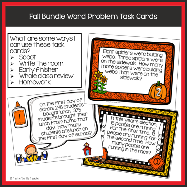 Addition & Subtraction Bundle of Fall Word Problem Task Cards | Made By ...