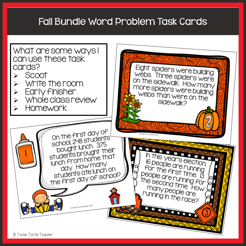 Addition & Subtraction Bundle of Fall Word Problem Task Cards | Made By ...