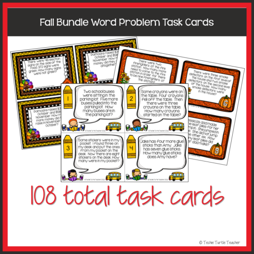 Addition & Subtraction Bundle of Fall Word Problem Task Cards | Made By ...