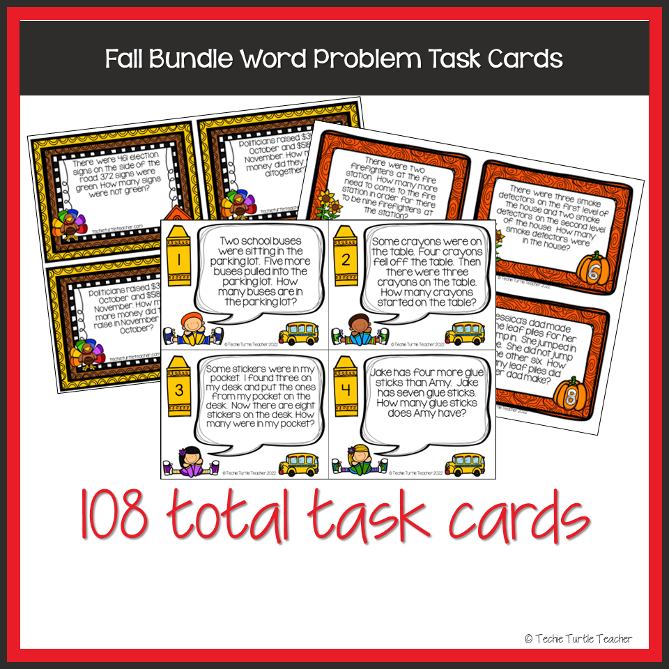 Addition & Subtraction Bundle of Fall Word Problem Task Cards | Made By ...