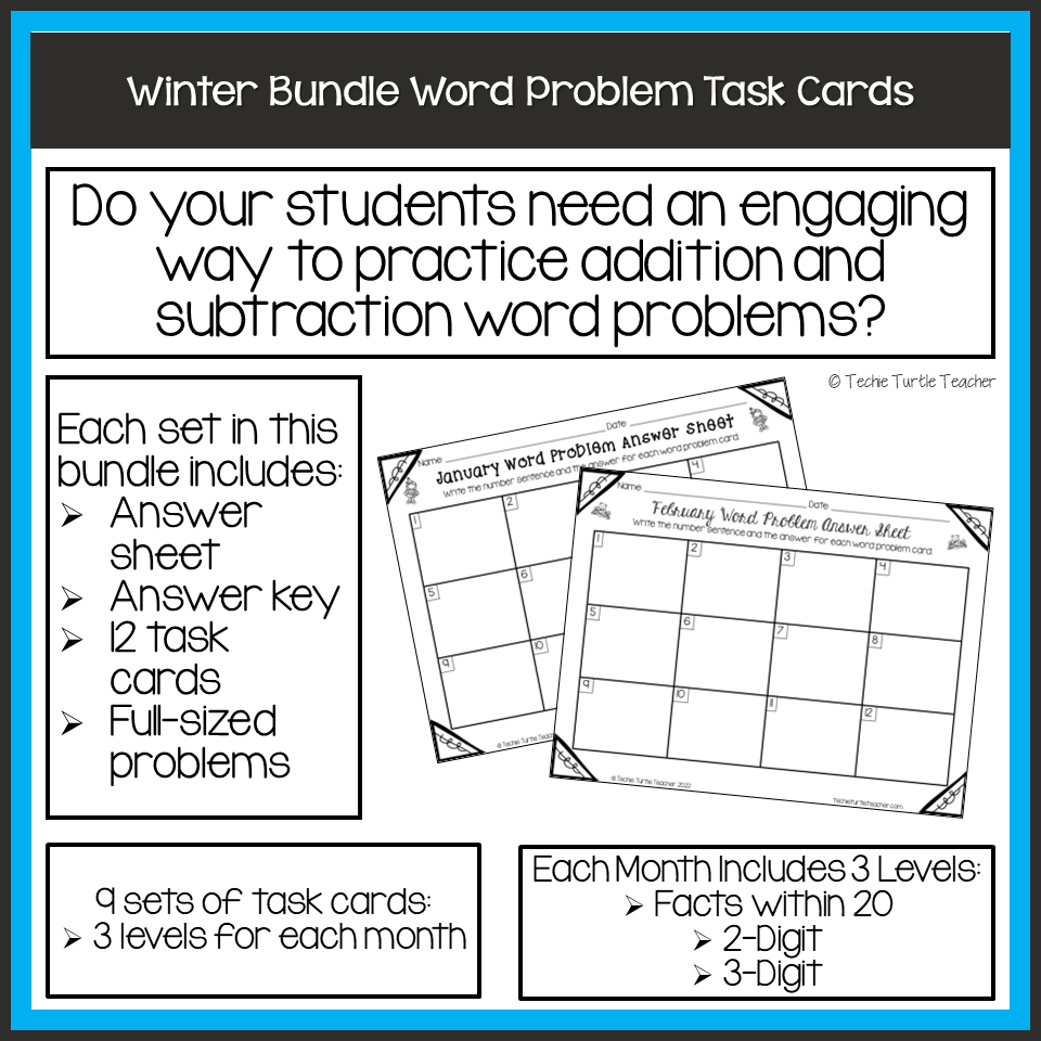 Addition & Subtraction Bundle of Winter Word Problem Task Cards | Made ...