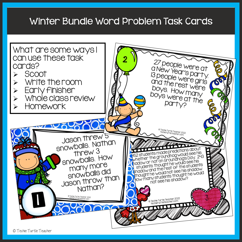 Addition & Subtraction Bundle of Winter Word Problem Task Cards | Made ...