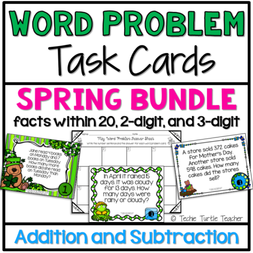 Addition & Subtraction Bundle of Spring Word Problem Task Cards | Made ...