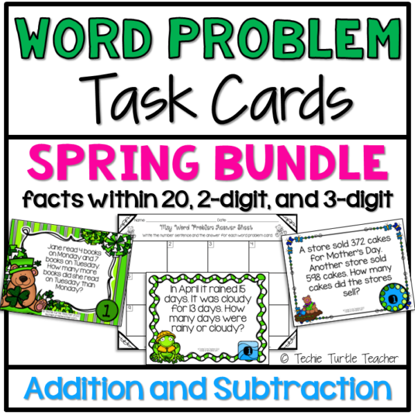 Addition & Subtraction Bundle of Spring Word Problem Task Cards | Made ...