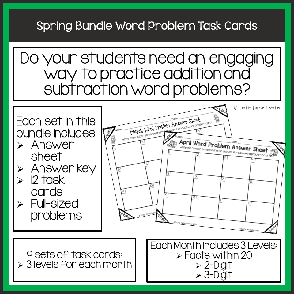 Addition & Subtraction Bundle of Spring Word Problem Task Cards | Made ...