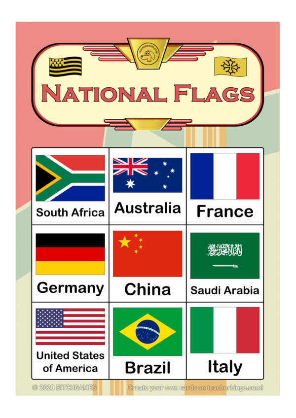 National Flags Bingo 3x3 (5 pages + call sheet) | Made By Teachers