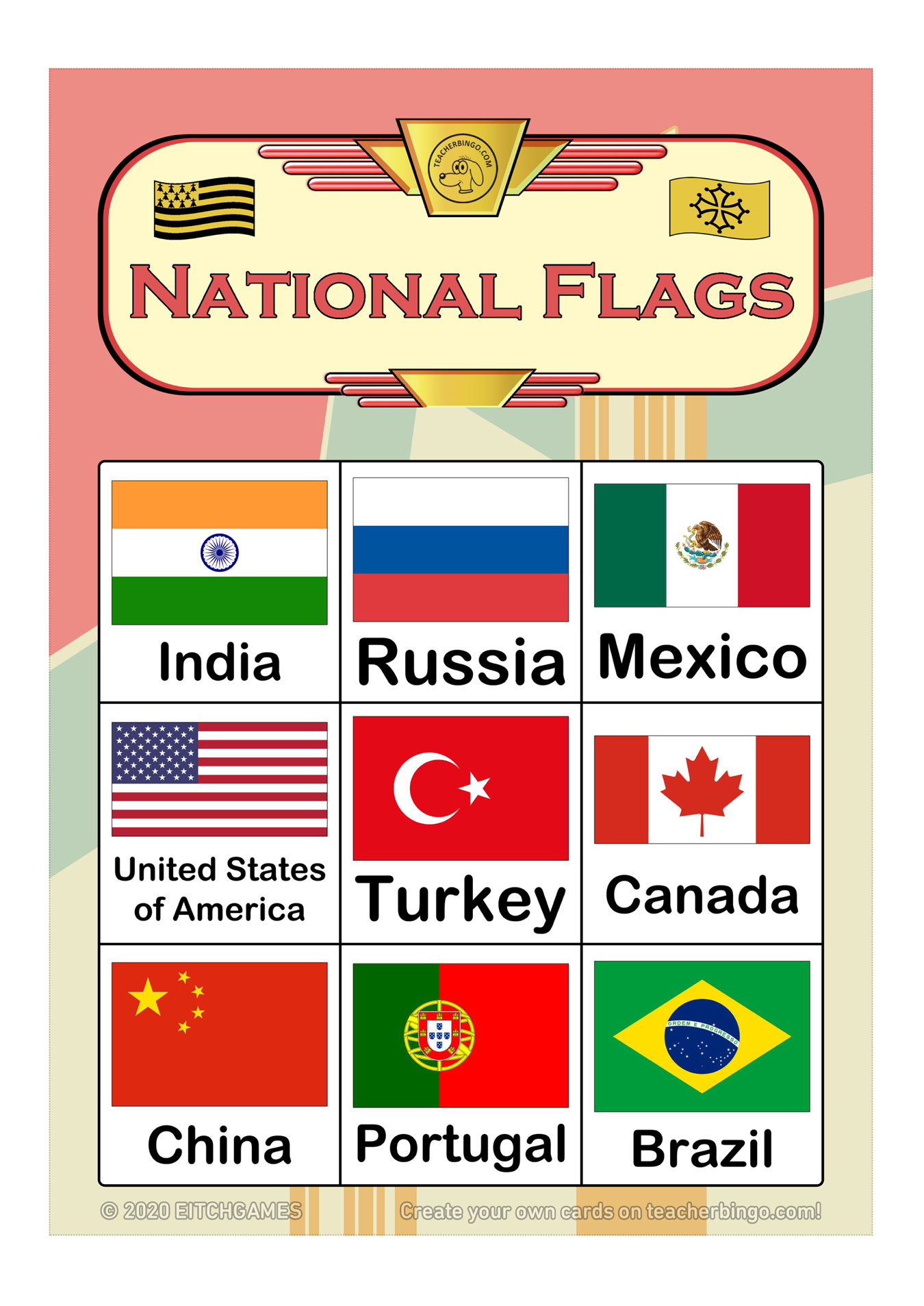 National Flags Bingo 3x3 (5 pages + call sheet) | Made By Teachers