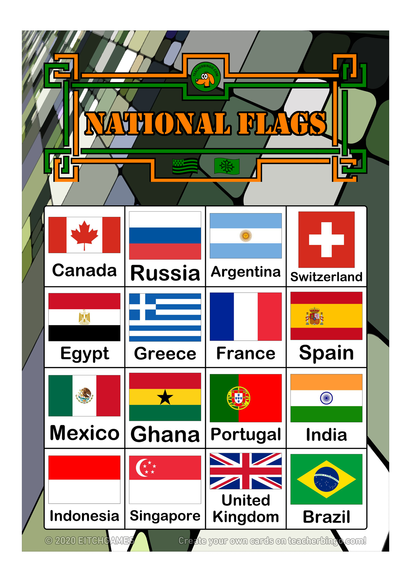 National Flags Bingo 4x4 (5 pages + call sheet) | Made By Teachers
