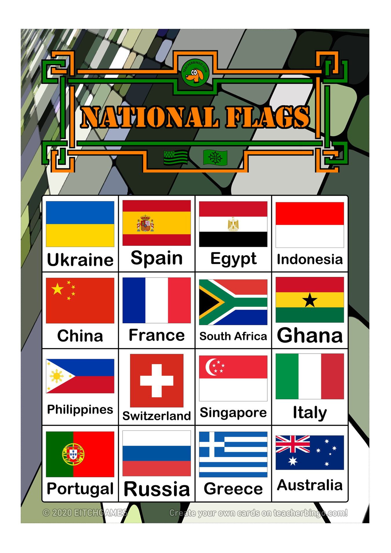 National Flags Bingo 4x4 (5 pages + call sheet) | Made By Teachers