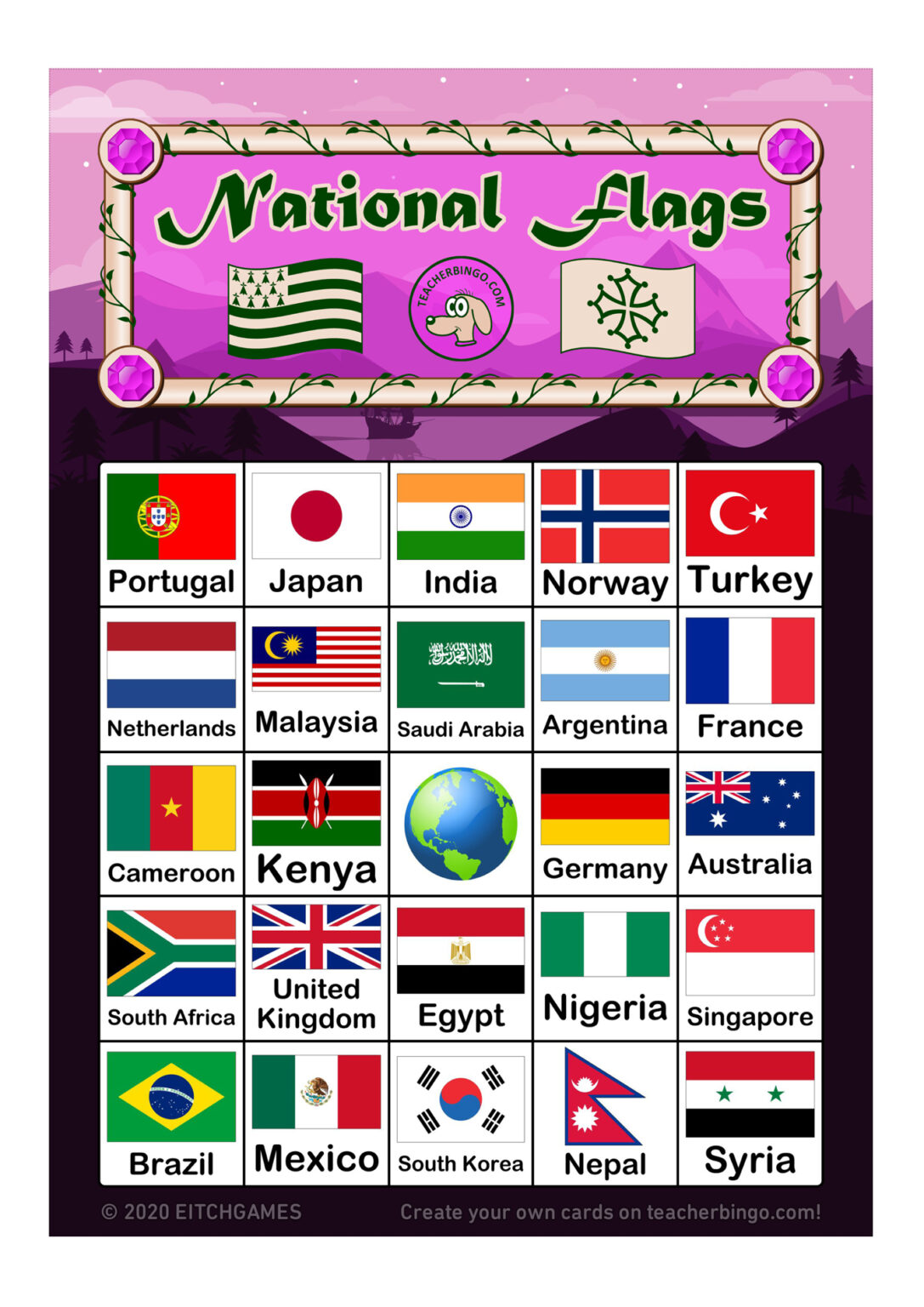 National Flags Bingo 7x7 (100 pages + call sheet) | Made By Teachers
