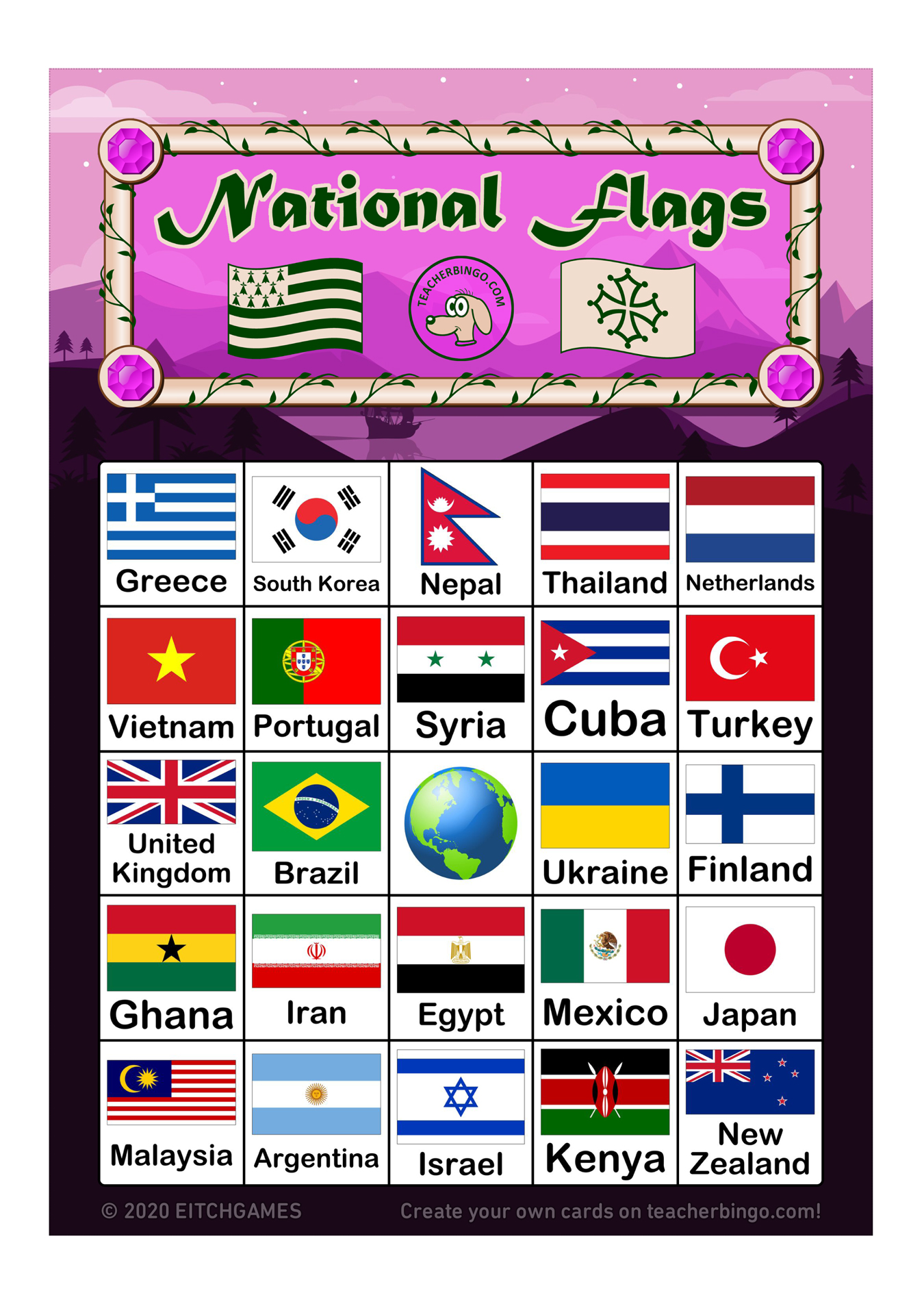 National Flags Bingo 5x5 (5 pages + call sheet) | Made By Teachers