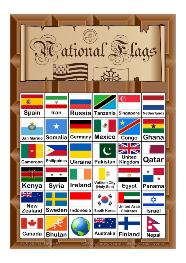 National Flags Bingo 6x6 (5 pages + call sheet) | Made By Teachers