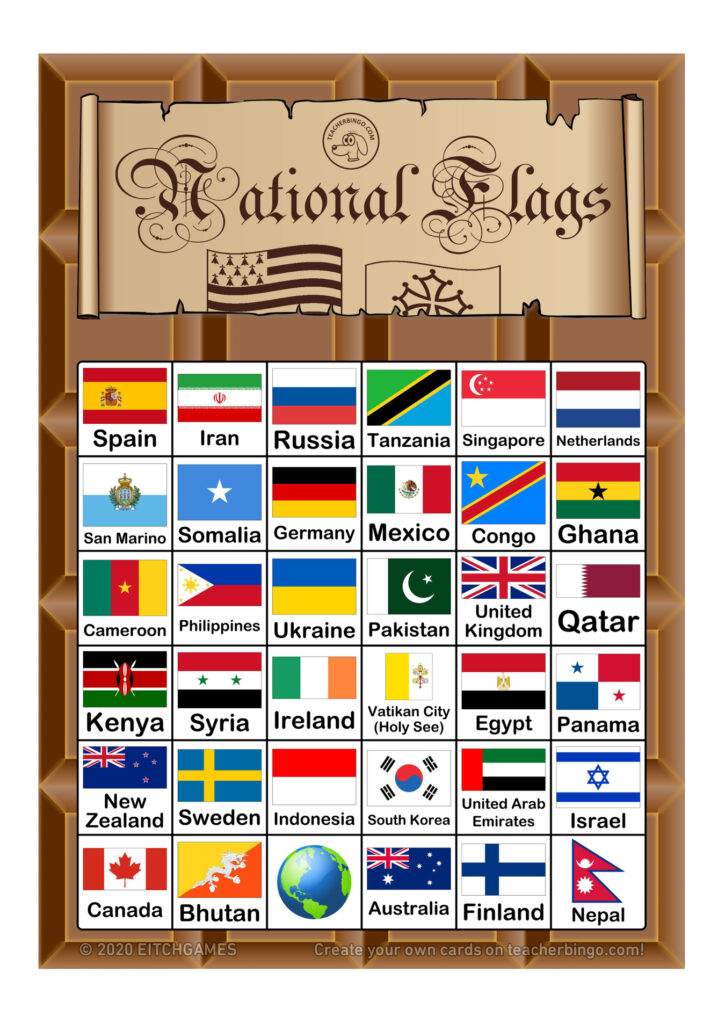 National Flags Bingo 6x6 (5 pages + call sheet) | Made By Teachers