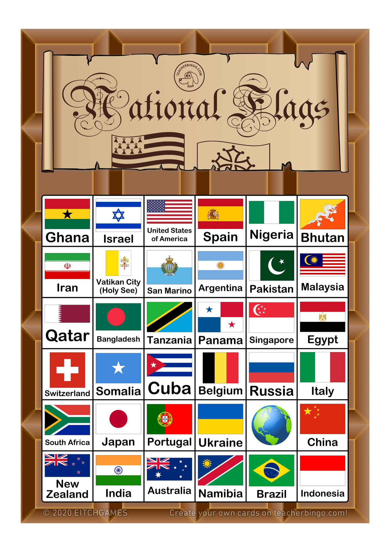 National Flags Bingo 6x6 (5 pages + call sheet) | Made By Teachers