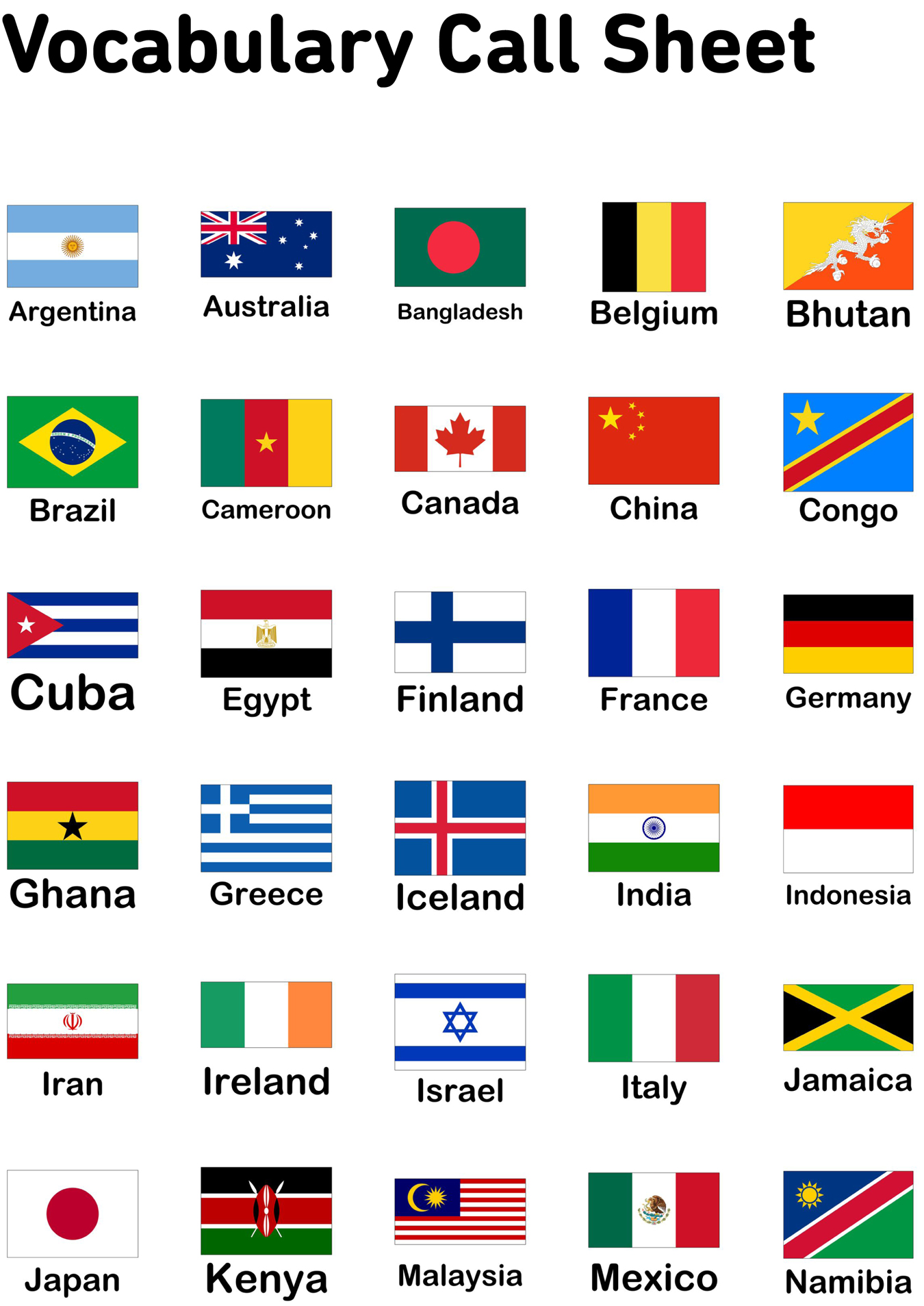 National Flags Bingo 6x6 (5 pages + call sheet) | Made By Teachers