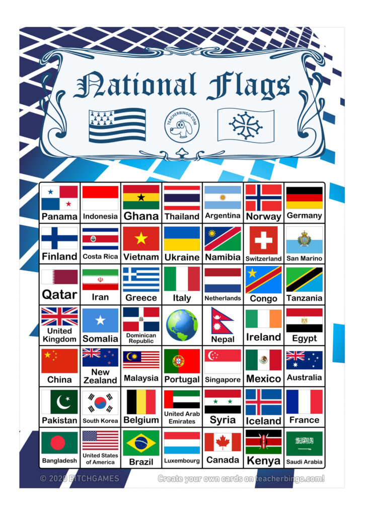 National Flags Bingo 7x7 (5 pages + call sheet) | Made By Teachers