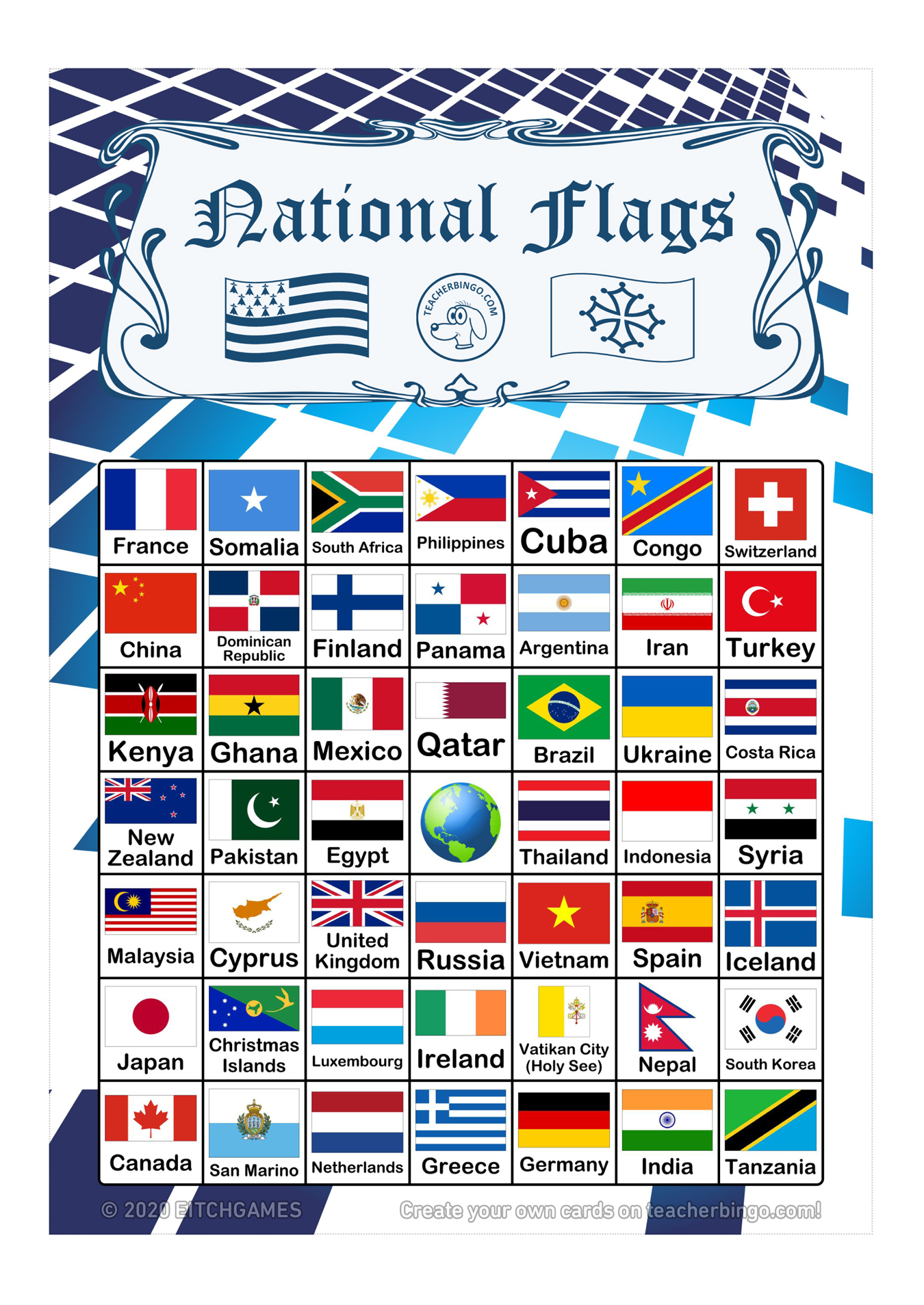 National Flags Bingo 7x7 (5 pages + call sheet) | Made By Teachers