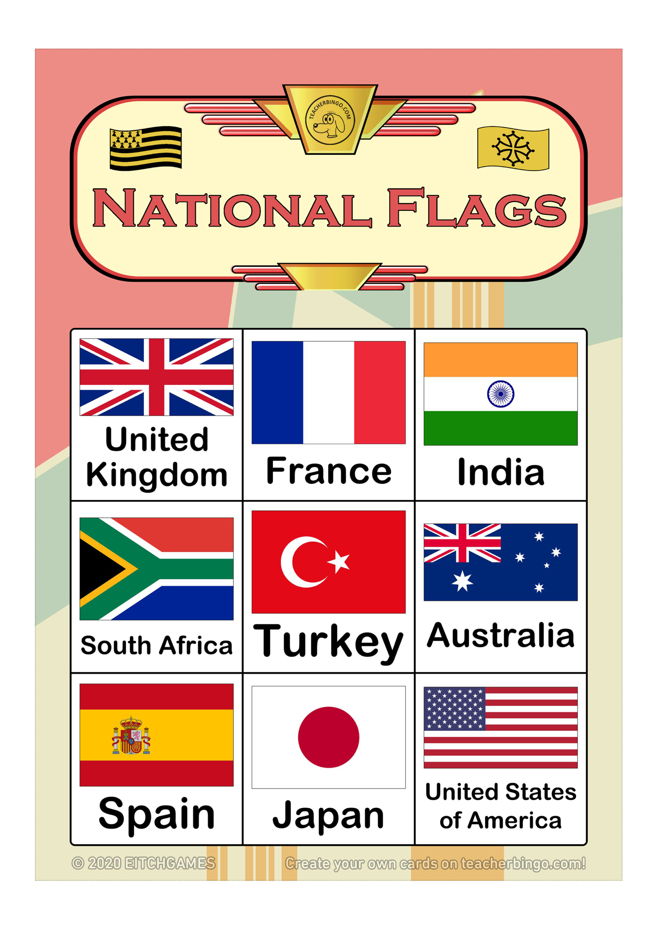 National Flags Bingo 3x3 (100 pages + call sheet) | Made By Teachers