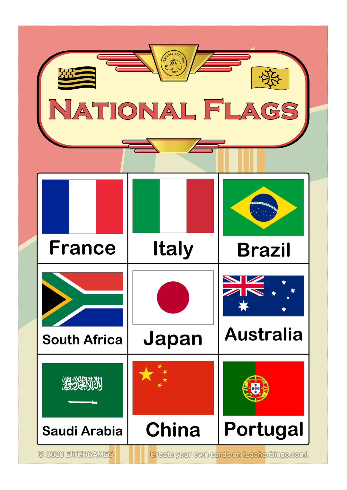 National Flags Bingo 3x3 (100 pages + call sheet) | Made By Teachers