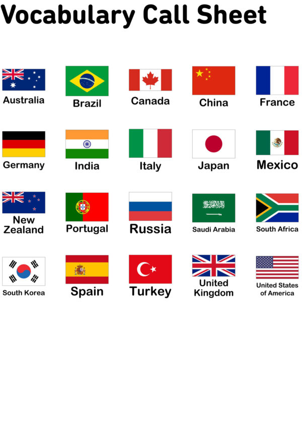 National Flags Bingo 3x3 (100 pages + call sheet) | Made By Teachers