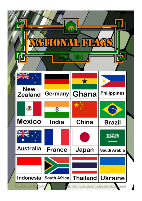 National Flags Bingo 4x4 (100 pages + call sheet) | Made By Teachers