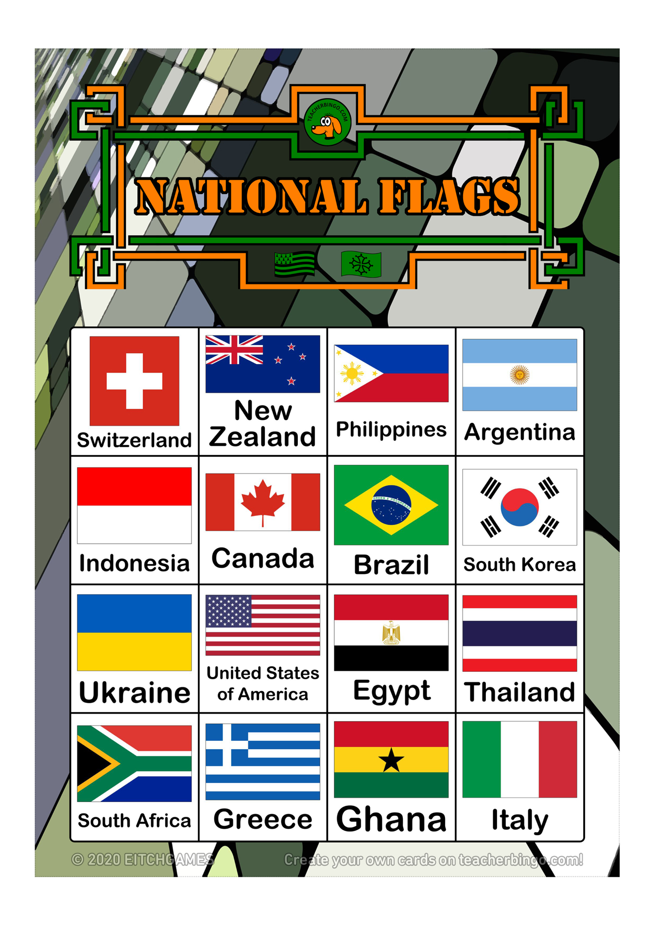 National Flags Bingo 4x4 (100 pages + call sheet) | Made By Teachers
