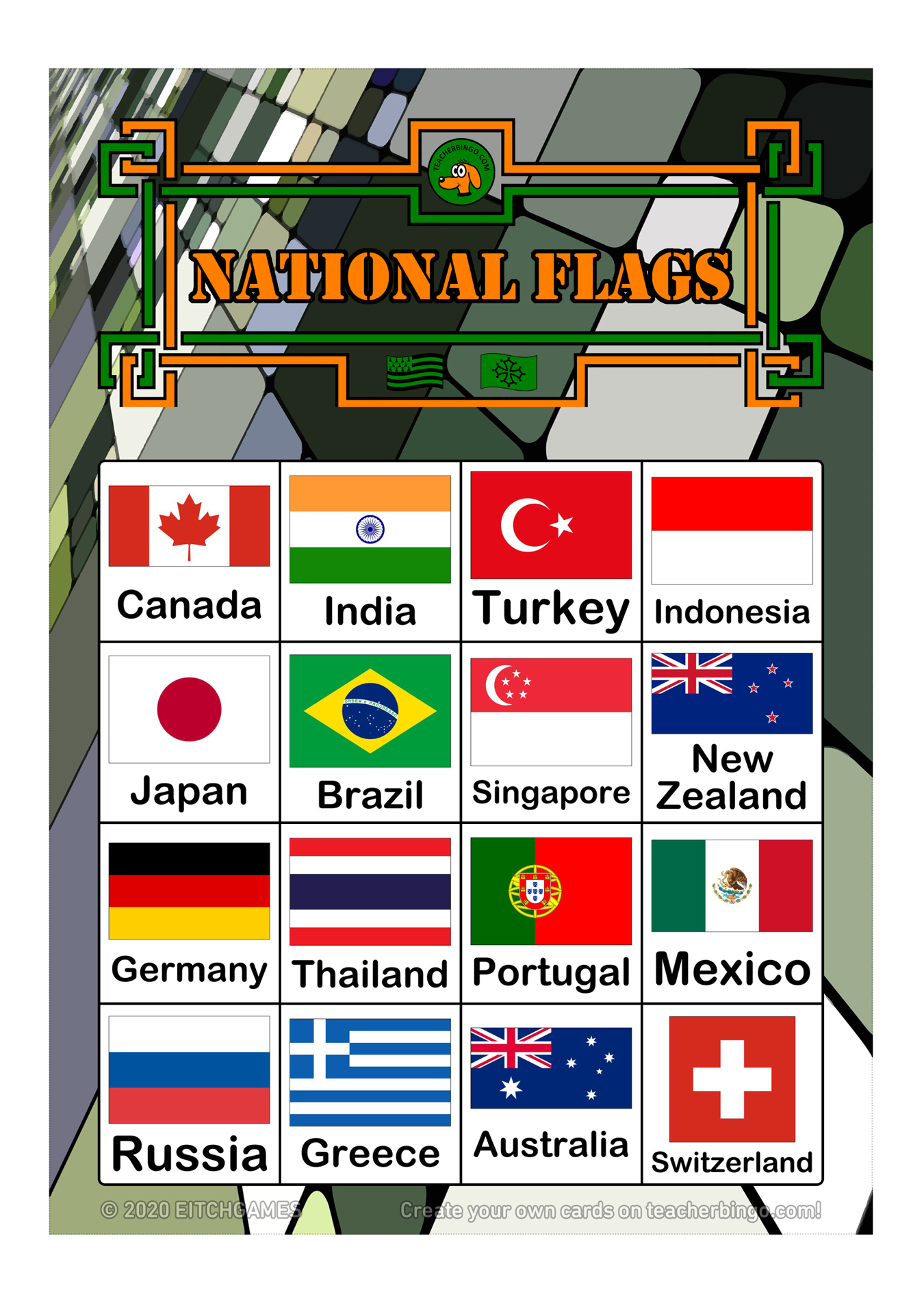 National Flags Bingo 4x4 (100 pages + call sheet) | Made By Teachers