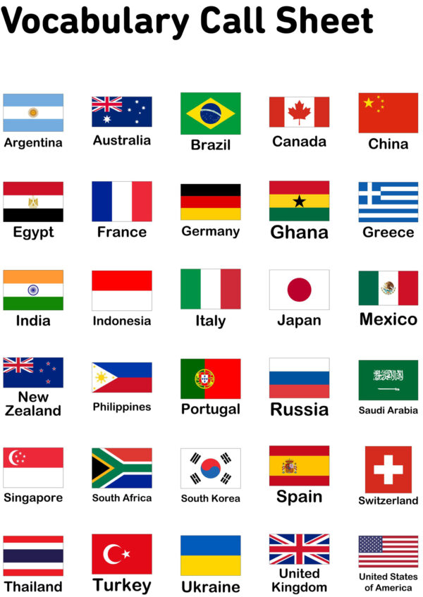 National Flags Bingo 4x4 (100 pages + call sheet) | Made By Teachers