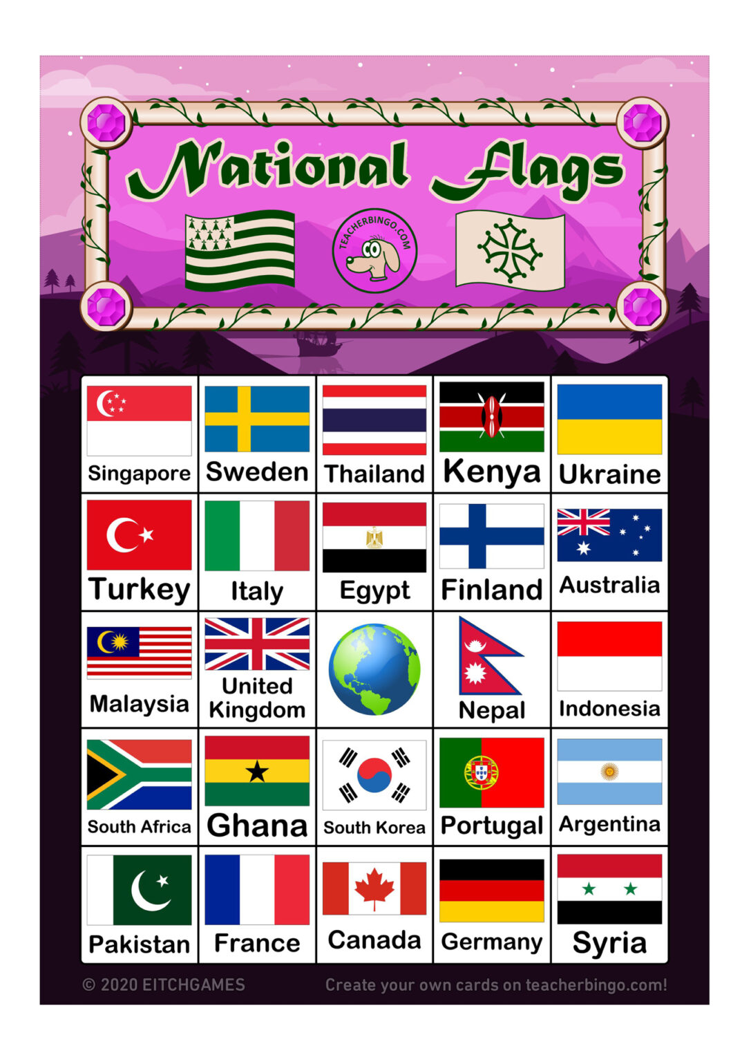 National Flags Bingo 5x5 (100 pages + call sheet) | Made By Teachers