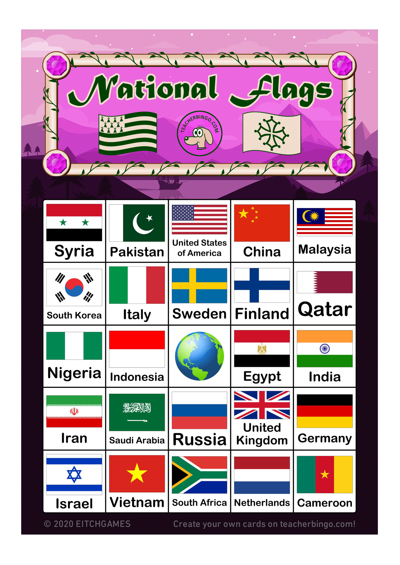 National Flags Bingo 5x5 (100 pages + call sheet) | Made By Teachers
