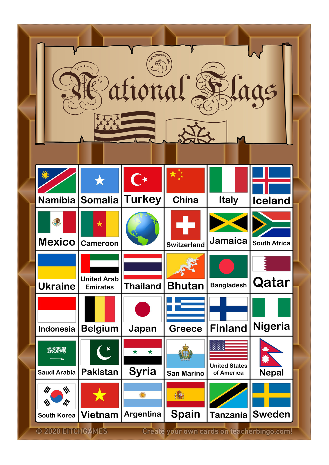 National Flags Bingo 6x6 (100 pages + call sheet) | Made By Teachers