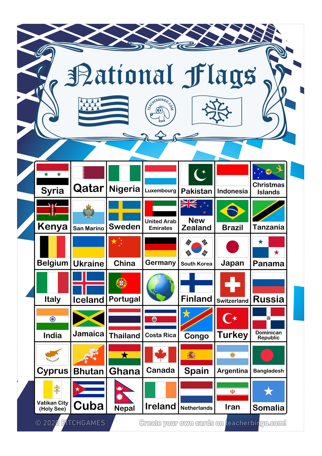 National Flags Bingo 7x7 (100 pages + call sheet) | Made By Teachers