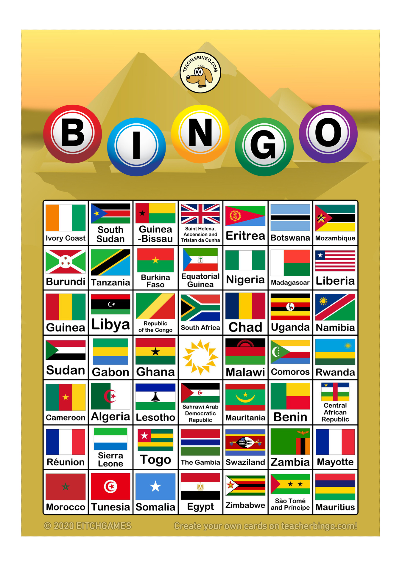 African Flags Bingo 7x7 (5 pages + call sheet) | Made By Teachers