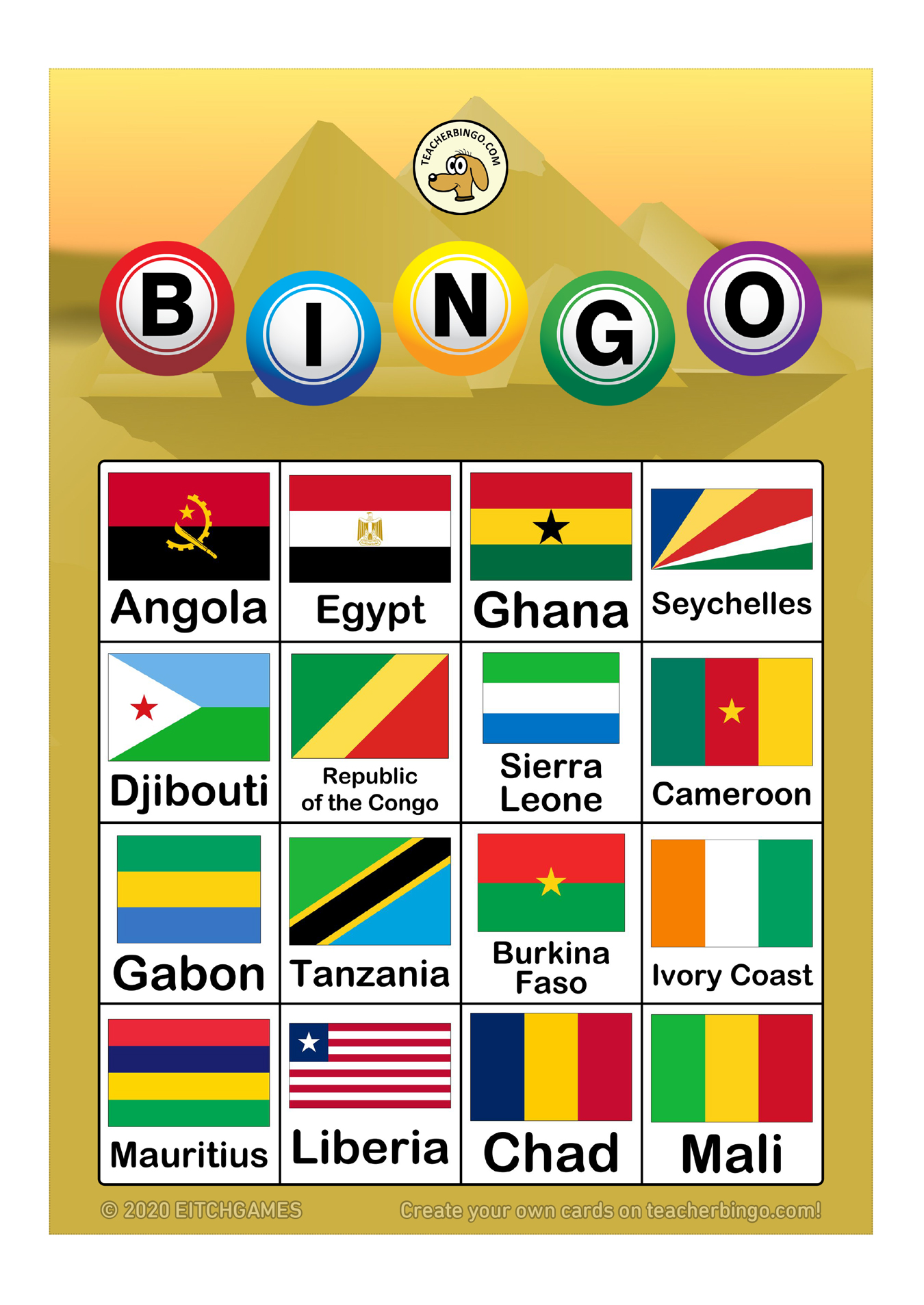 African Flags Bingo 4x4 (100 pages + call sheet) | Made By Teachers