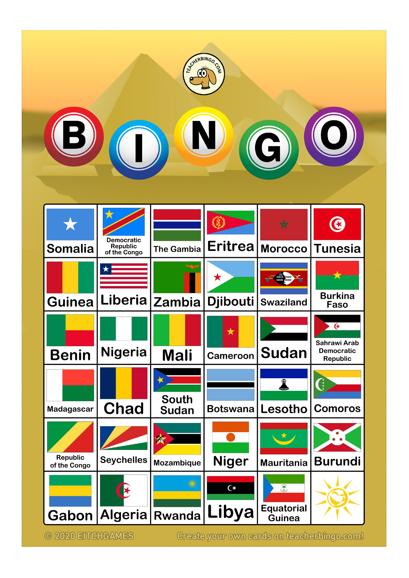African Flags Bingo 6x6 (100 pages + call sheet) | Made By Teachers