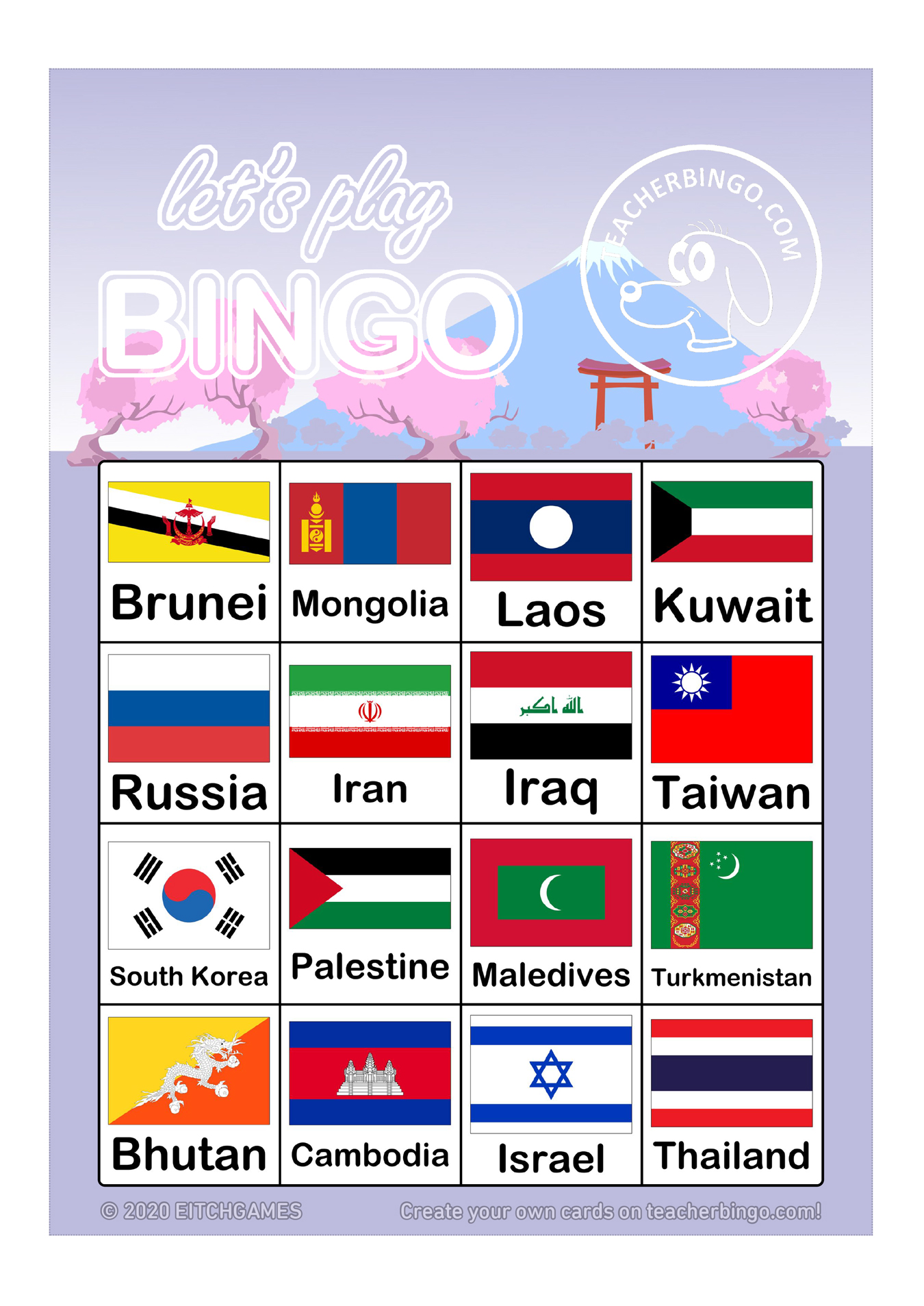 Asia Flags Bingo 4x4 (5 pages + call sheet) | Made By Teachers