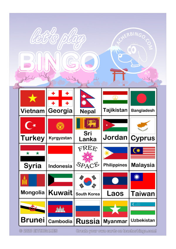 Asia Flags Bingo 5x5 (5 pages + call sheet) | Made By Teachers
