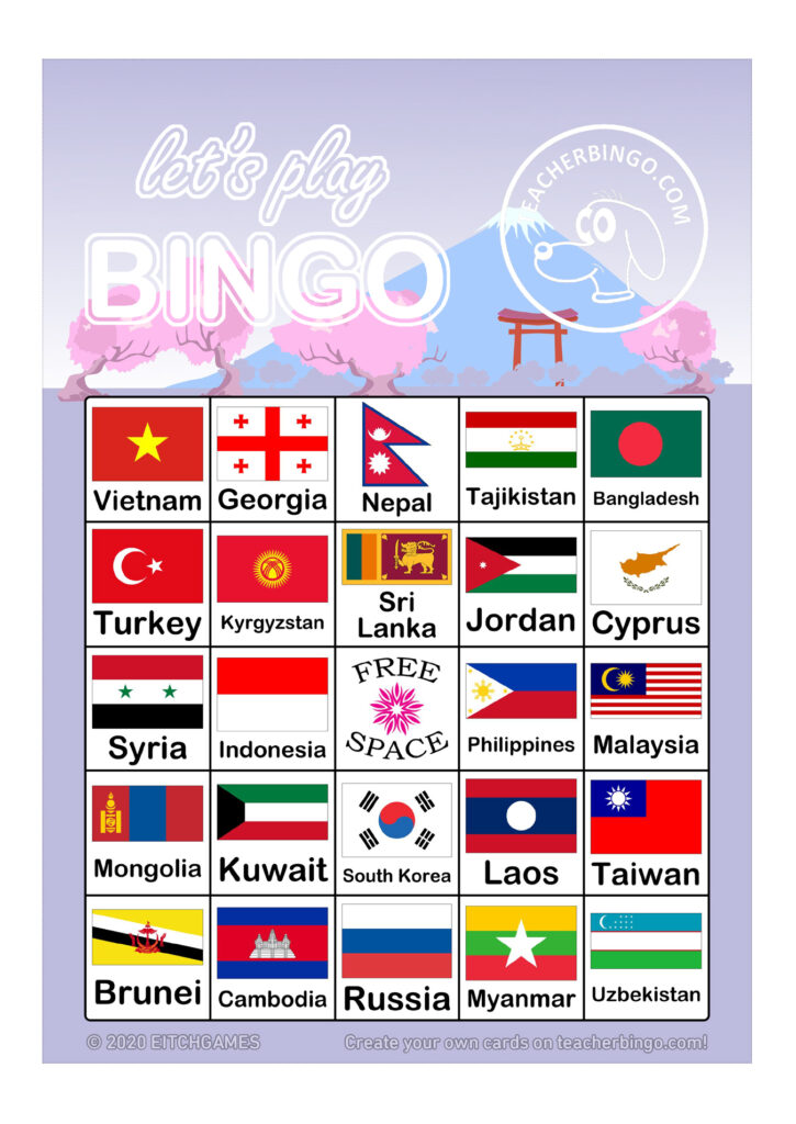 Asia Flags Bingo 5x5 (5 pages + call sheet) | Made By Teachers