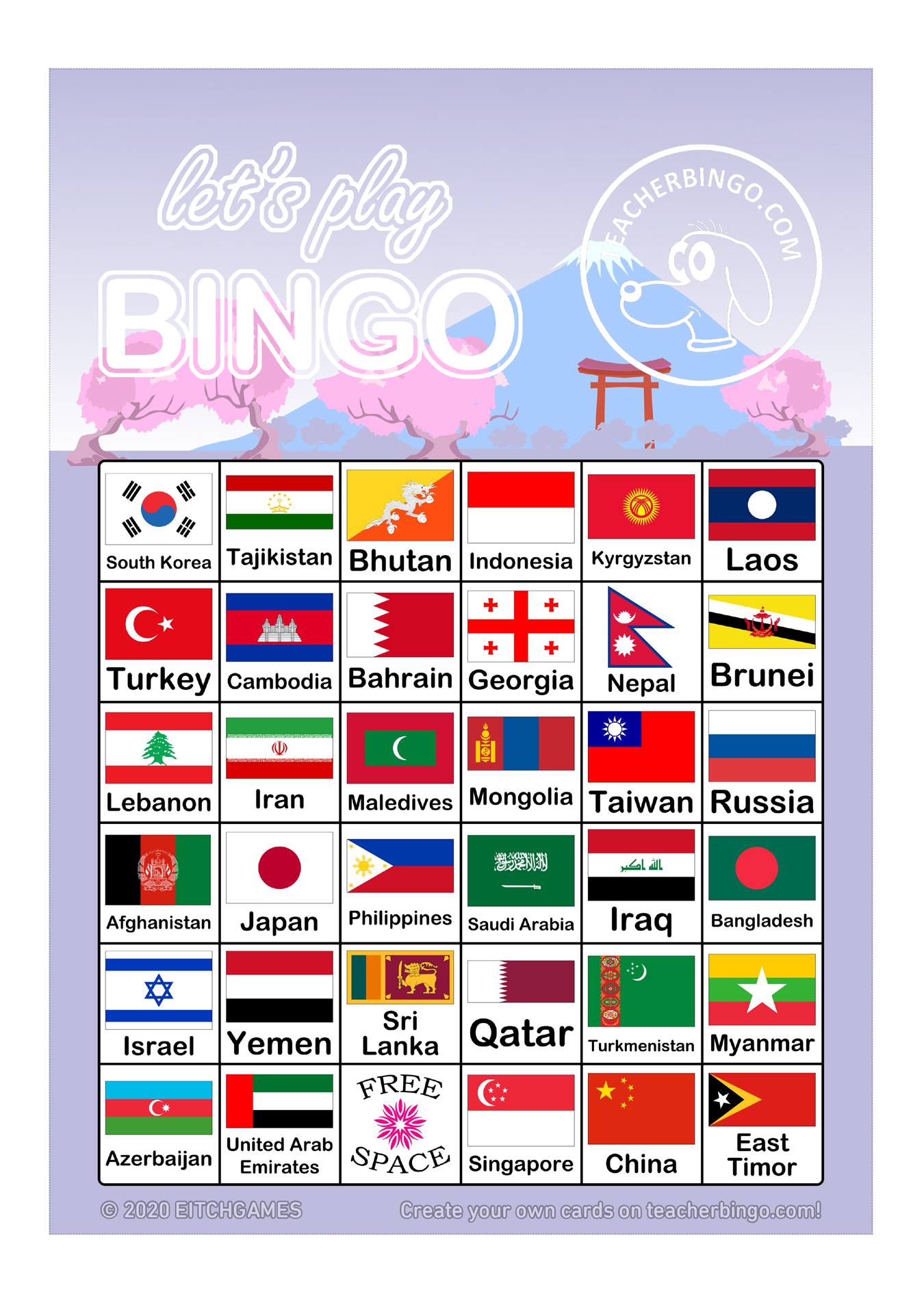 Asia Flags Bingo 6x6 (5 pages + call sheet) | Made By Teachers