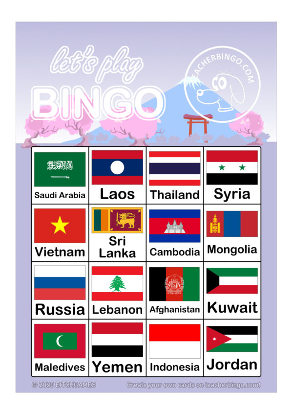 Asia Flags Bingo 4x4 (100 pages + call sheet) | Made By Teachers