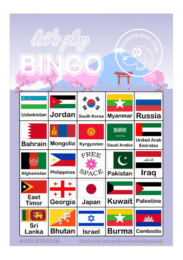 Asia Flags Bingo 5x5 (100 pages + call sheet) | Made By Teachers