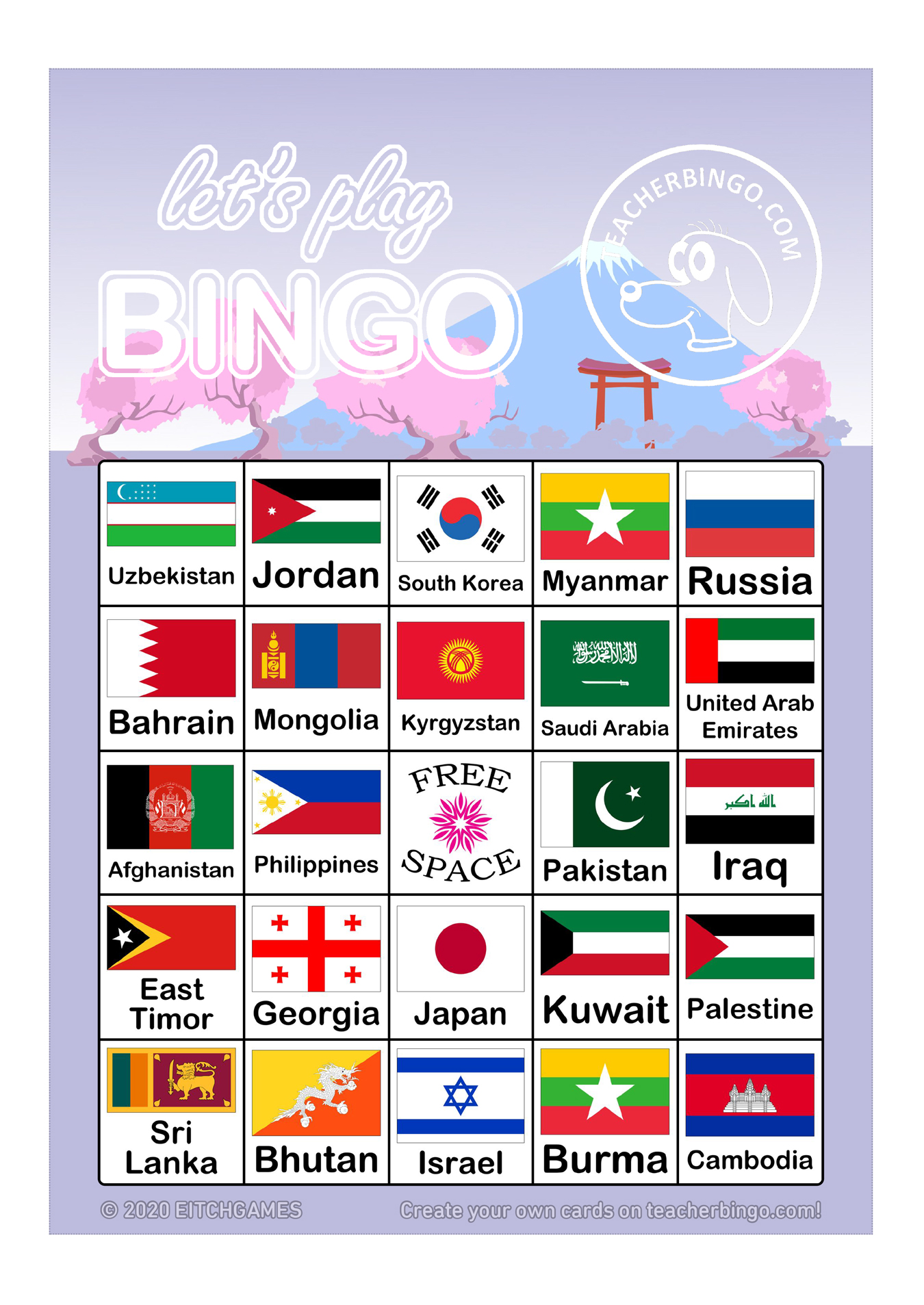 Asia Flags Bingo 5x5 (100 pages + call sheet) | Made By Teachers