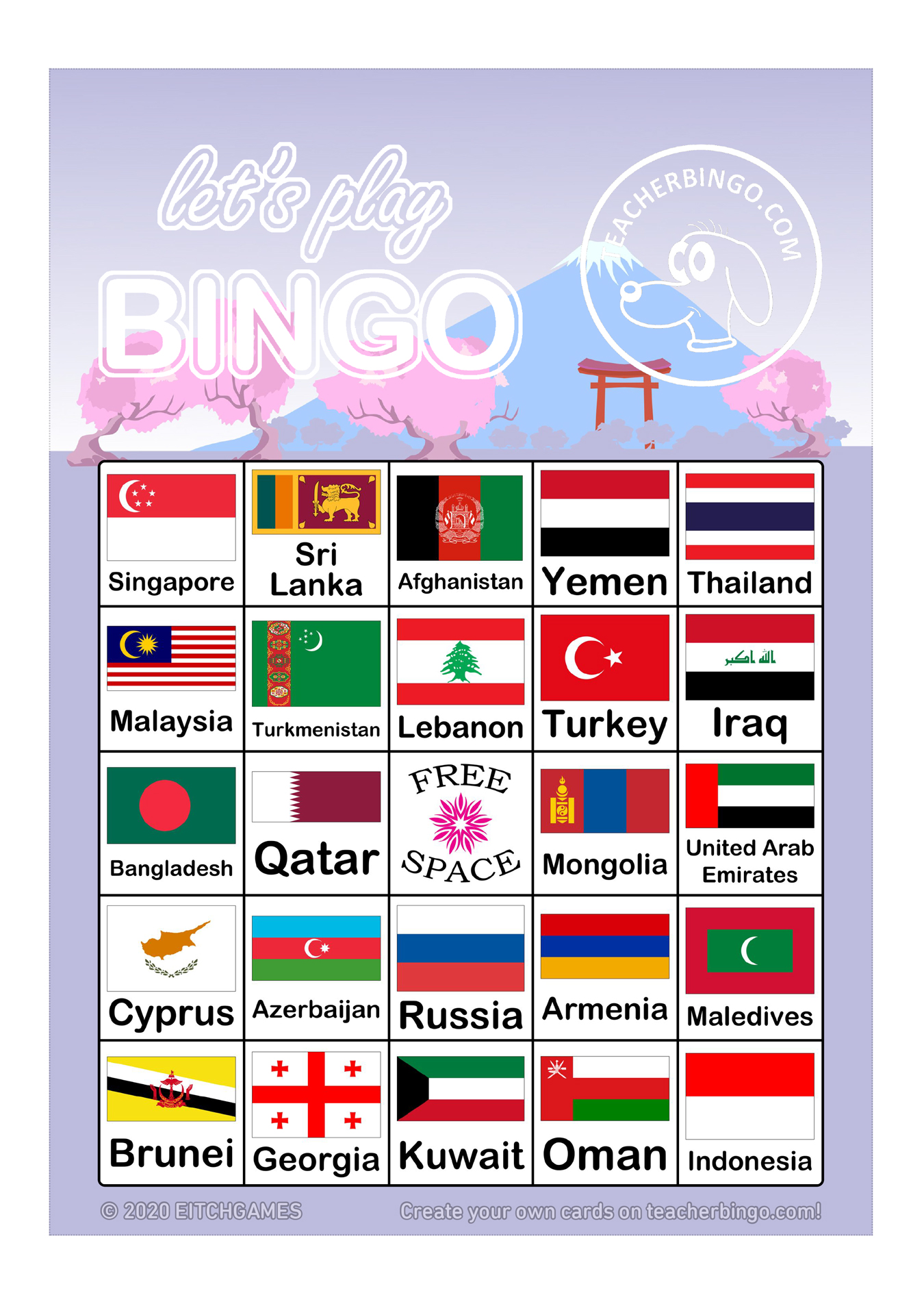Asia Flags Bingo 5x5 (100 pages + call sheet) | Made By Teachers