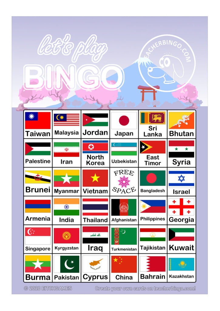 Asia Flags Bingo 6x6 (100 pages + call sheet) | Made By Teachers