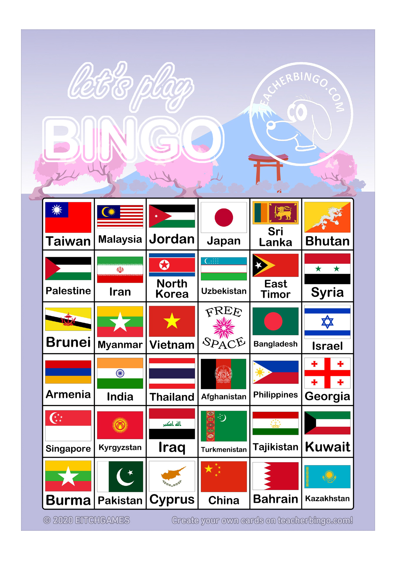 Asia Flags Bingo 6x6 (100 pages + call sheet) | Made By Teachers